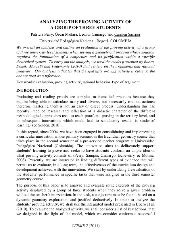 Analyzing the proving activity of a group of three students - Funes