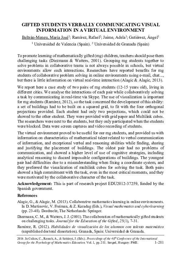 Giffted students verbally communicating visual information in a virtual ...