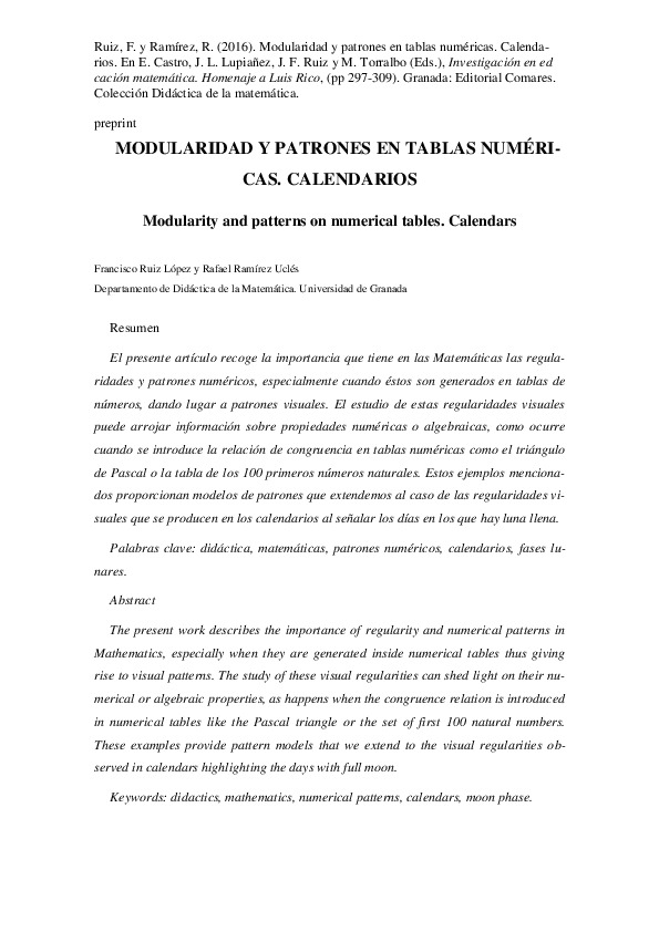 Modularidad y patrones en tablas numéricas. Calendarios - Funes