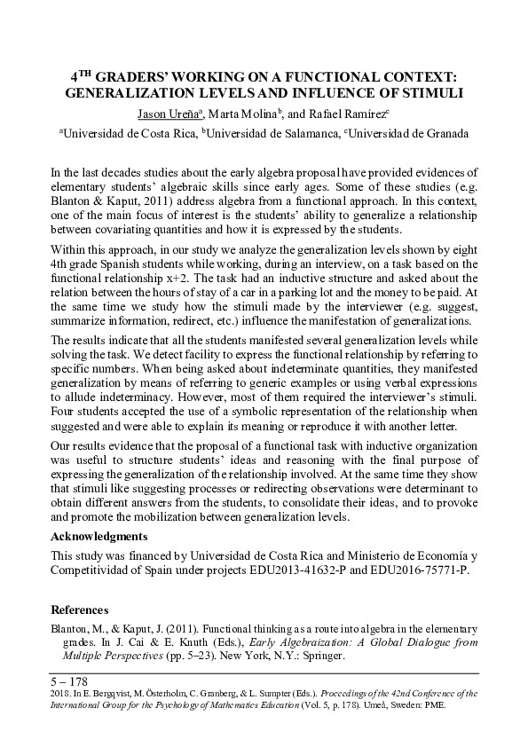 4th graders’ working on a functional context: generalization levels and ...