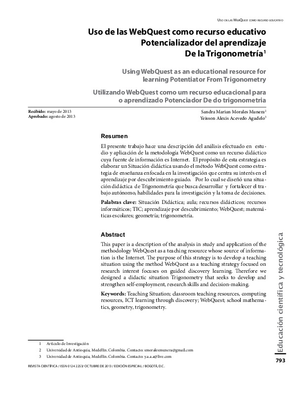 Uso de las WebQuest como recurso educativo potencializador del aprendizaje de la trigonometría ...