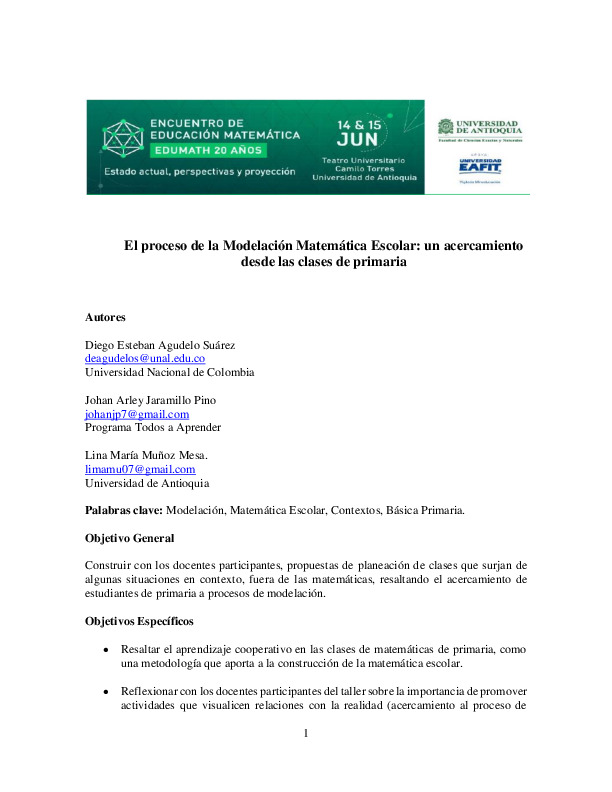 El proceso de la modelación matemática escolar: un acercamiento desde las clases de primaria - Funes