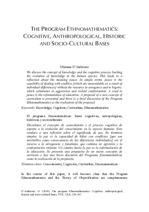 The program Ethnomathematics: Cognitive, anthropological, historic and ...