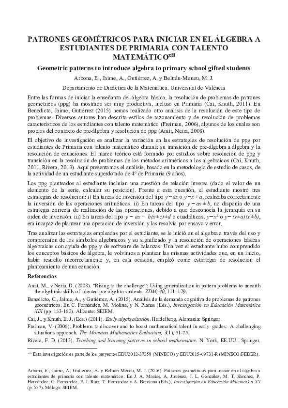 Patrones geométricos para iniciar en el álgebra a estudiantes de ...