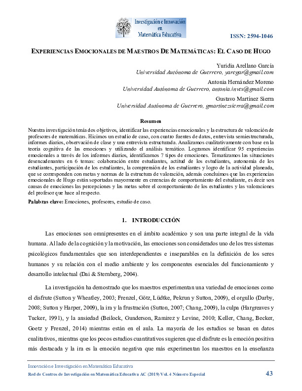 Experiencias emocionales de maestros de matemáticas: el caso de Hugo ...