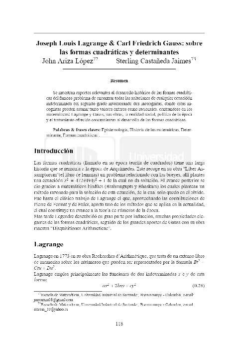 Joseph Louis Lagrange & Carl Friedrich Gauss: sobre las formas ...