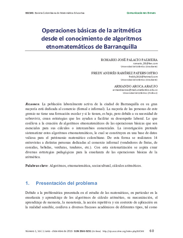 Operaciones básicas de la aritmética desde el conocimiento de algoritmos etnomatemáticos de ...