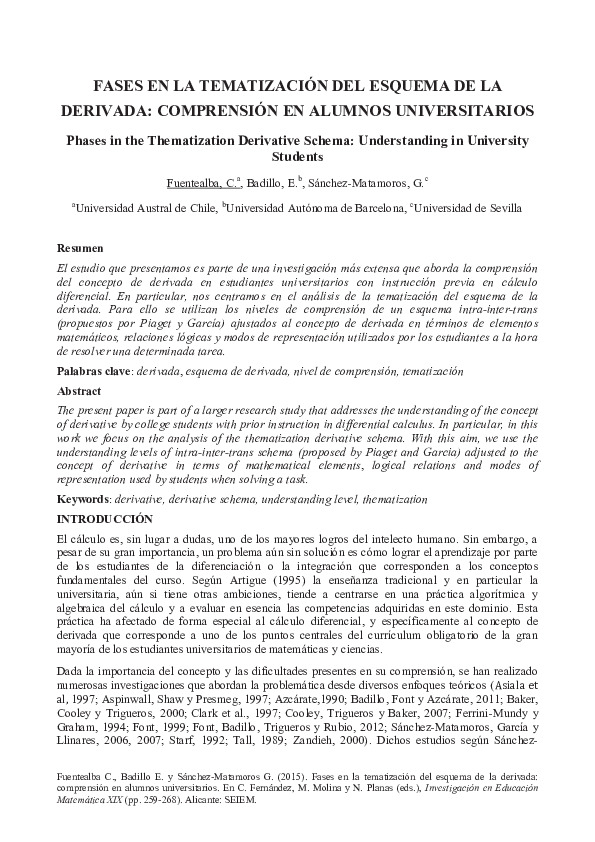 Fases en la tematización del esquema de la derivada: comprensión en alumnos universitarios - Funes
