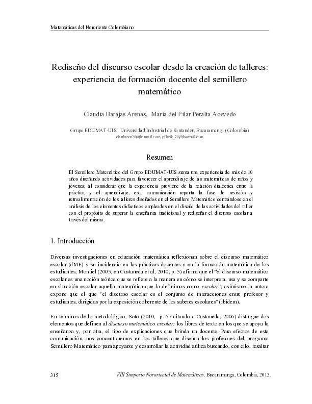 Rediseño del discurso escolar desde la creación de talleres: experiencia de formación docente ...