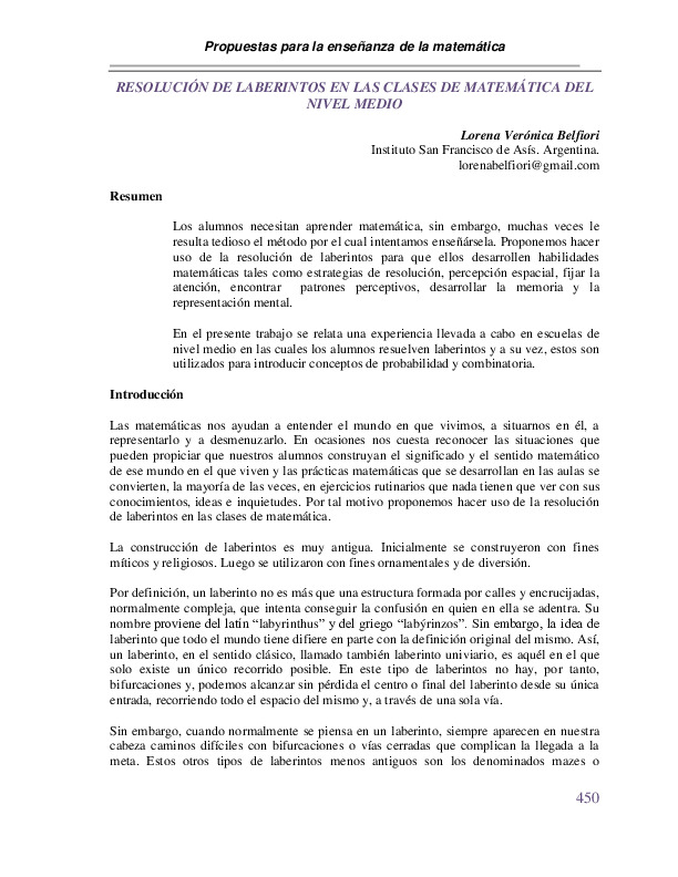 Resolución de laberintos en las clases de matemática del nivel medio - Funes