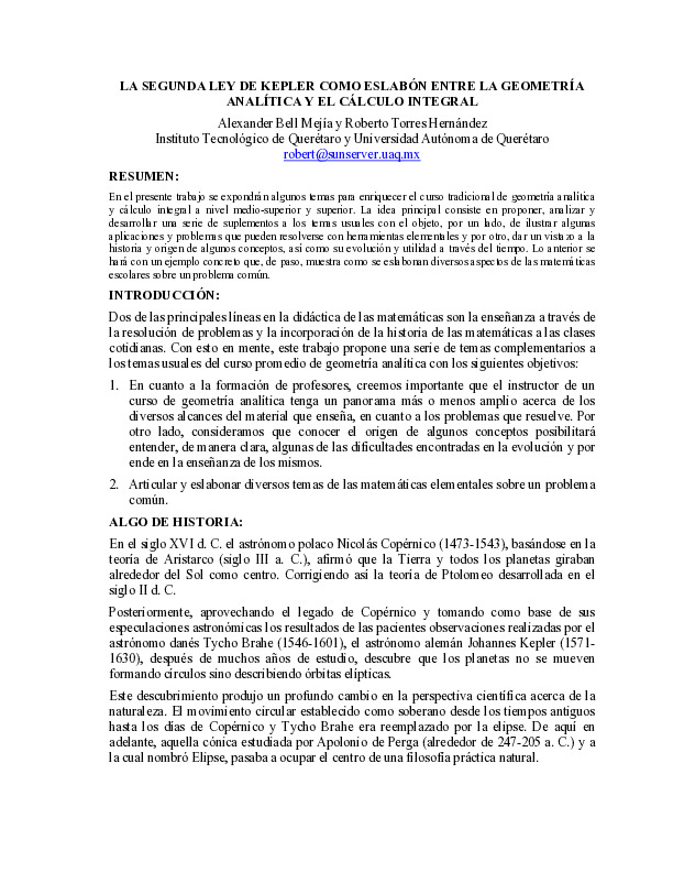 La segunda ley de kepler como eslabón entre la geometría analítica y el ...