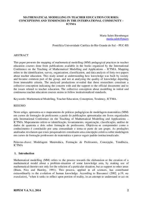 Mathematical modelling in teacher education courses: conceptions and ...