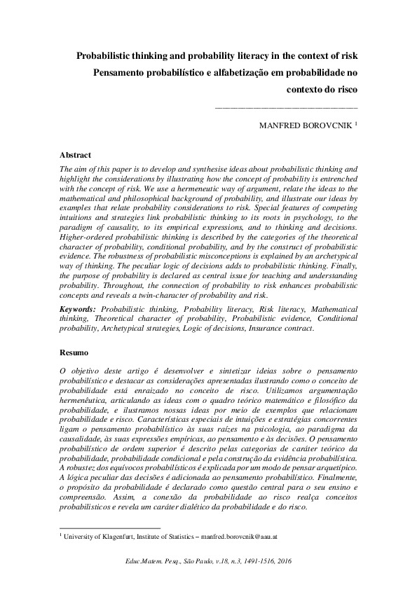 Probabilistic thinking and probability literacy in the context of risk ...
