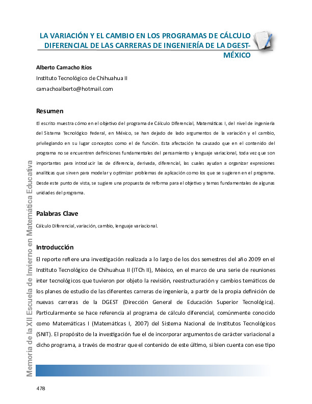 La variación y el cambio en los programas del cálculo diferencial de las carreras de ingeniería ...