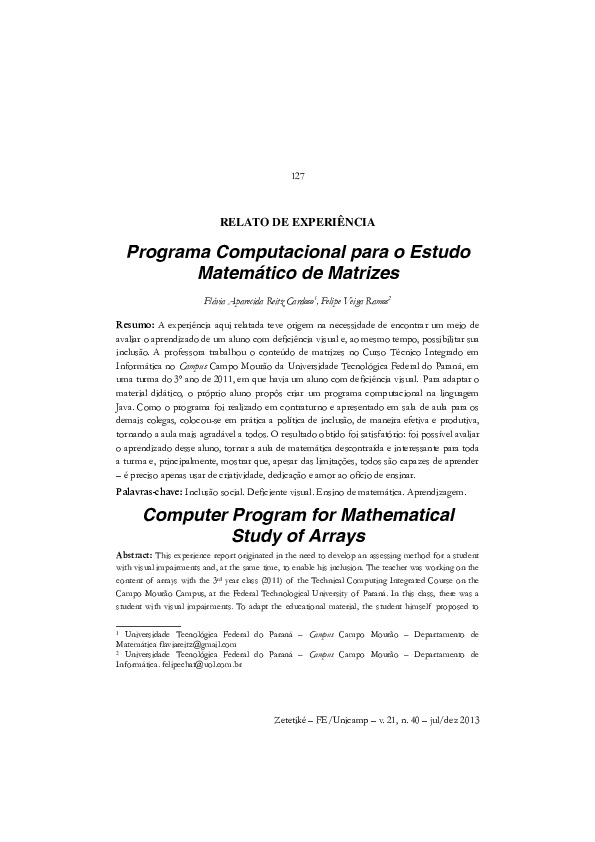 Programa computacional para o estudo matemático de matrizes - Funes