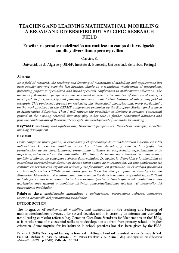 Teaching and learning mathematical modelling: a broad and diversified but specific research ...