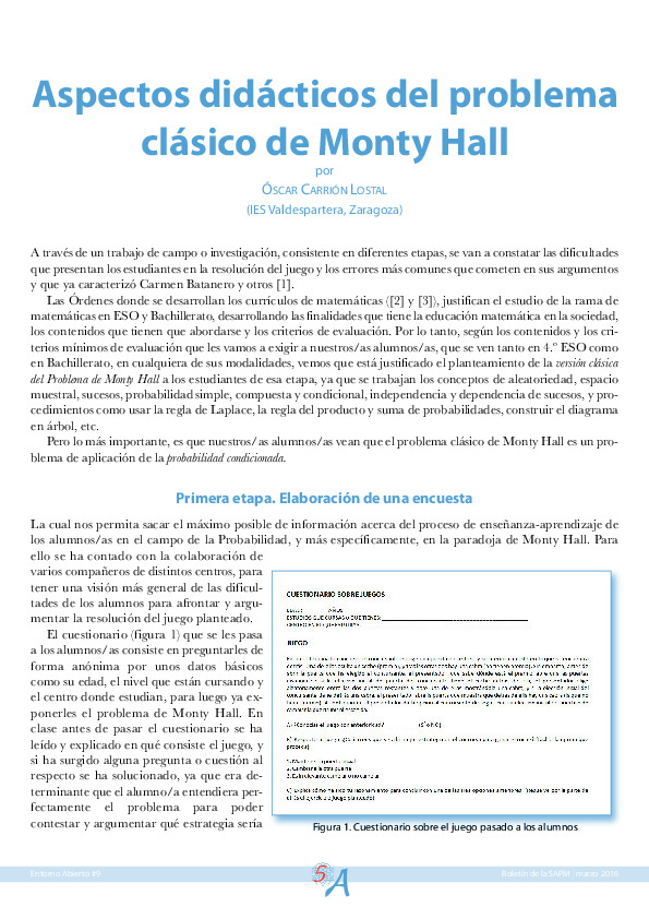 Aspectos didácticos del problema clásico de Monty Hall - Funes