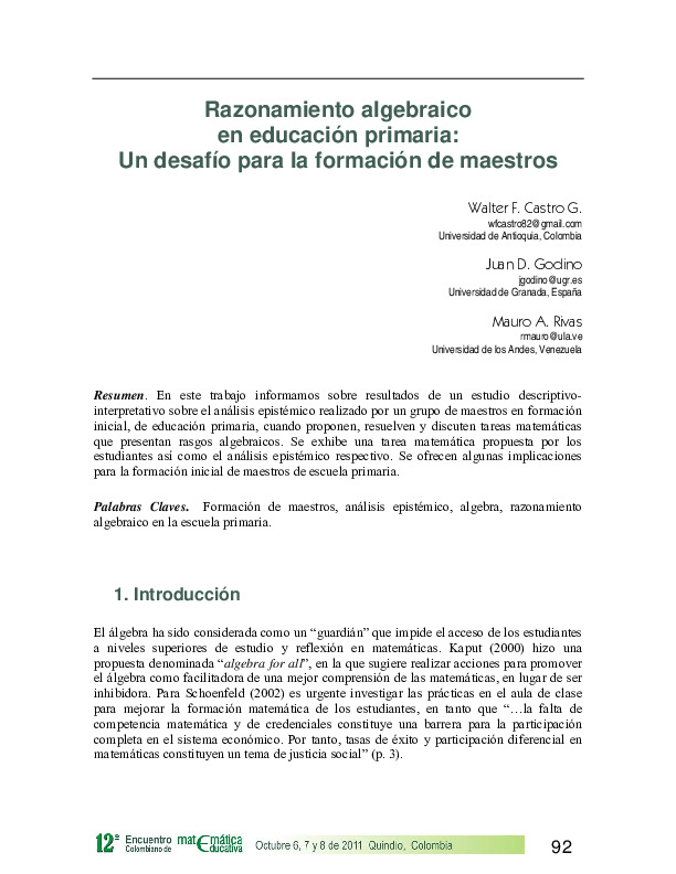 Razonamiento algebraico en educación primaria: un desafío para la ...