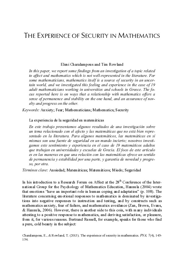 The Experience of Security in Mathematics - Funes