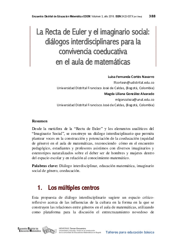 La recta de Euler y el imaginario social: diálogos interdisciplinares para la convivencia ...