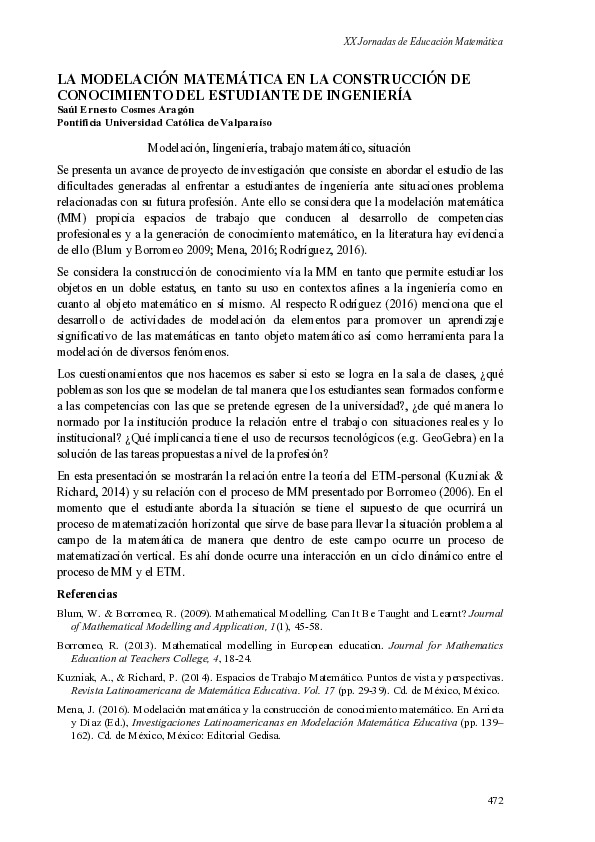 La modelación matemática en la construcción de conocimiento del estudiante de ingeniería - Funes