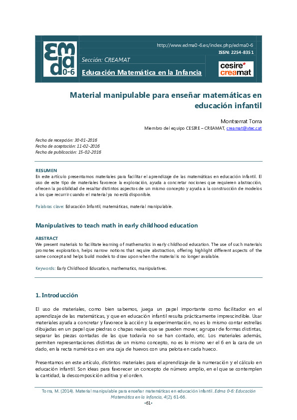 Material manipulable para enseñar matemáticas en educación infantil - Funes
