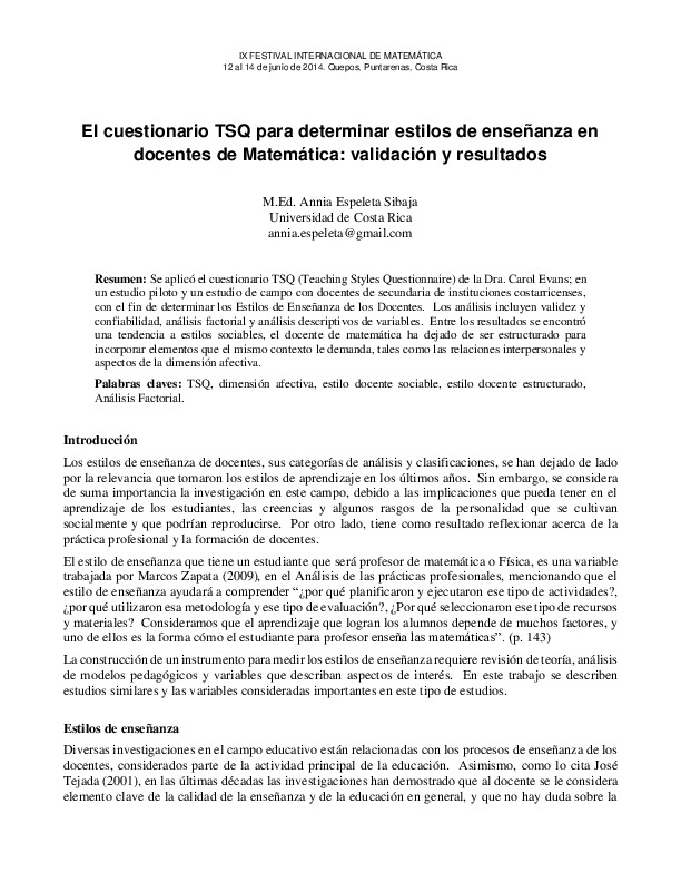 El cuestionario TSQ para determinar estilos de enseñanza en docentes de ...