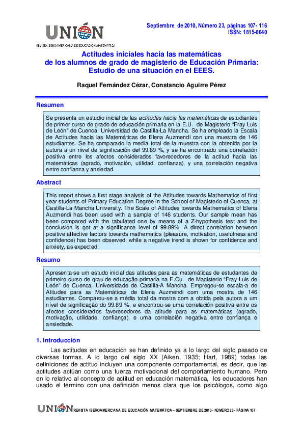 Actitudes iniciales hacia las matemáticas de los alumnos de grado de magisterio de Educación ...