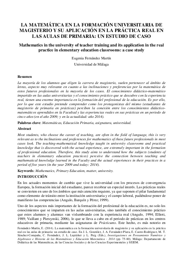 La matemática en la formación universitaria de magisterio y su aplicación en la práctica real en ...