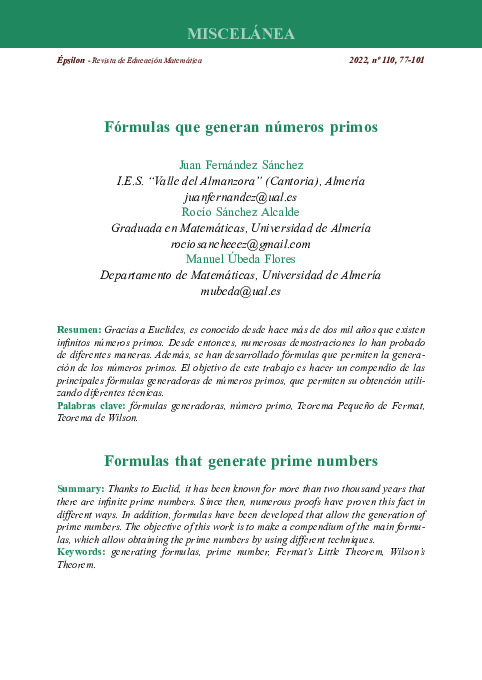 Fórmulas que generan números primos - Funes