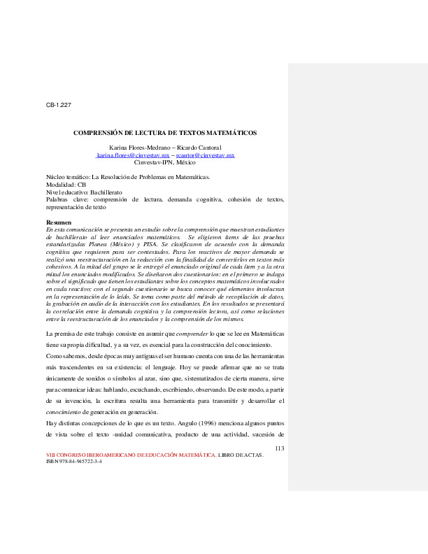 Comprensión de lectura de textos matemáticos - Funes
