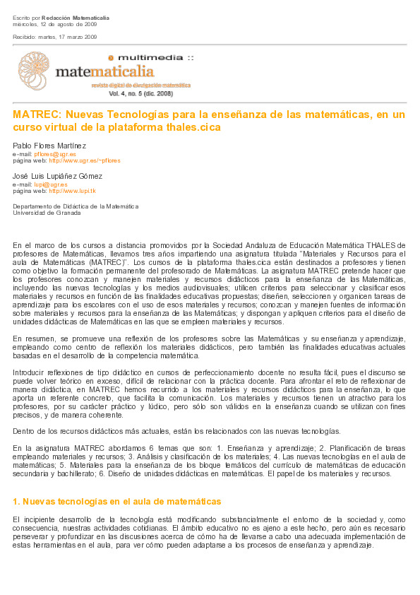 MATREC: nuevas tecnologías para la enseñanza de las matemáticas, en un ...