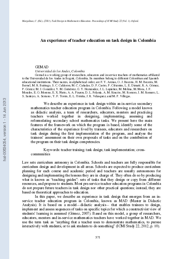 An experience of teacher education on task design in Colombia - Funes