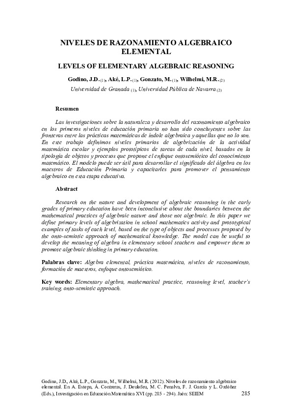 Niveles de razonamiento algebraico elemental - Funes