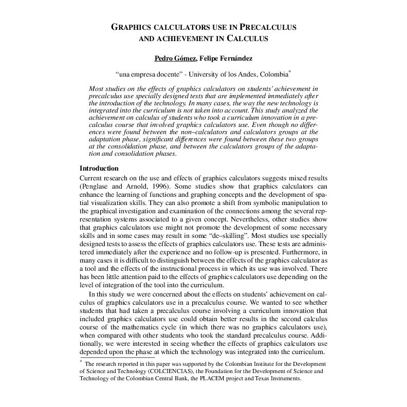 Graphics calculators use in Precalculus and achievement in Calculus - Funes