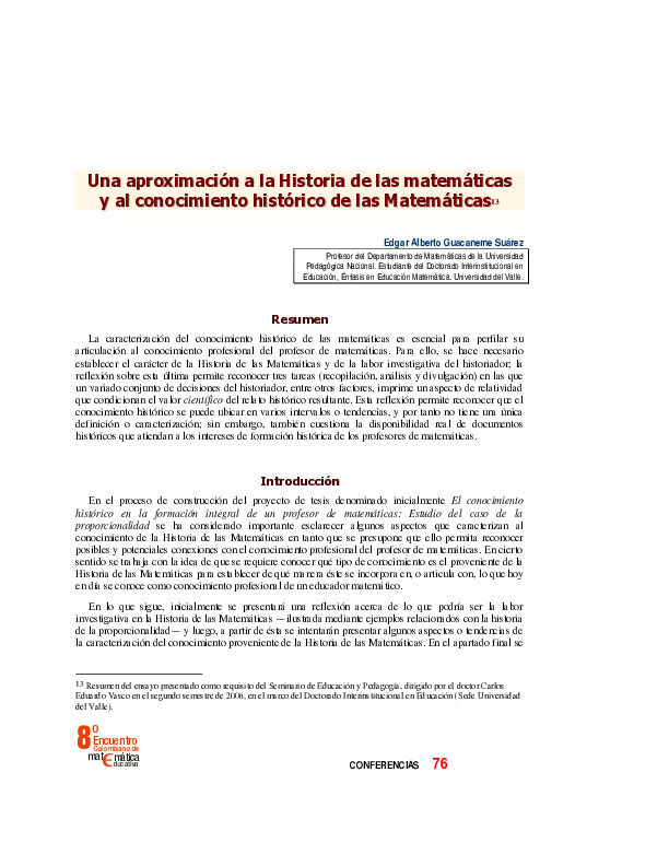 Una aproximación a la historia de las matemáticas y al conocimiento ...