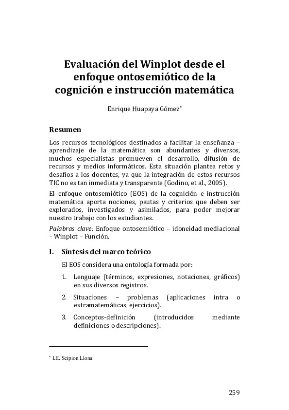Evaluación del Winplot desde el enfoque ontosemiótico de la cognición e instrucción matemática ...