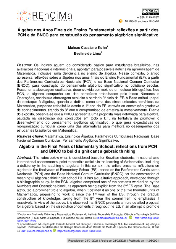 Álgebra nos anos finais do ensino fundamental: reflexões a partir dos PCN e da BNCC para ...