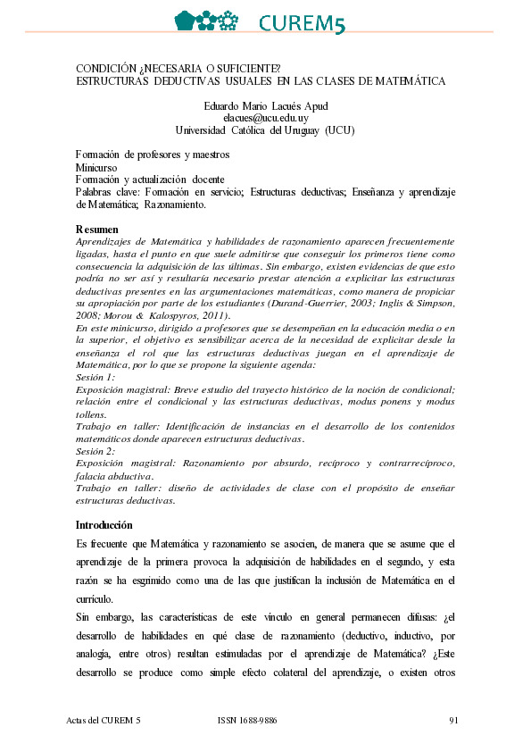 Condición ¿necesaria o suficiente? Estructuras deductivas usuales en las clases de matemática ...