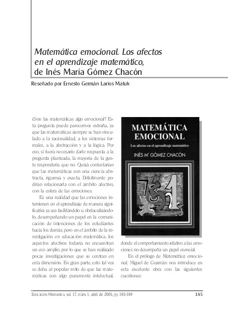 Matemática emocional. Los afectos en el aprendizaje matemático, de Inés ...