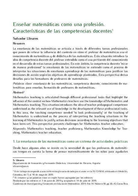 Enseñar matemáticas como una profesión. Características de las ...