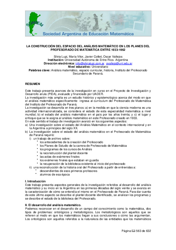 La construcción del espacio del análisis matemático en los planes del profesorado de matemática ...
