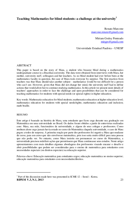 Teaching mathematics for blind students: a challenge at the university ...