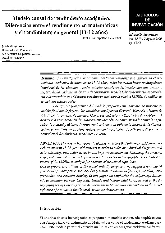 Modelo causal del rendimiento académico. Diferencias entre el ...