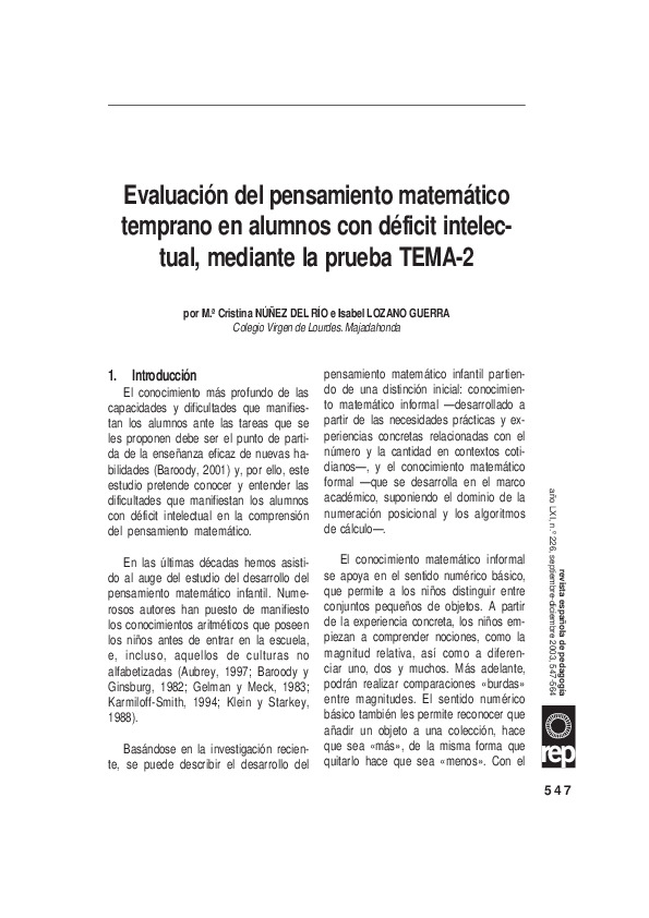 Evaluación del pensamiento matemático temprano en alumnos con déficit intelectual, mediante la ...
