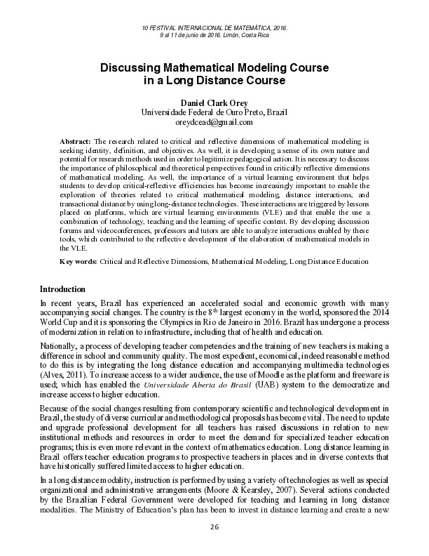 Discussing mathematical modeling coursein a long distance course - Funes