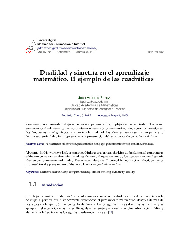 Dualidad y simetría en el aprendizaje matemático. El ejemplo de las cuadráticas - Funes