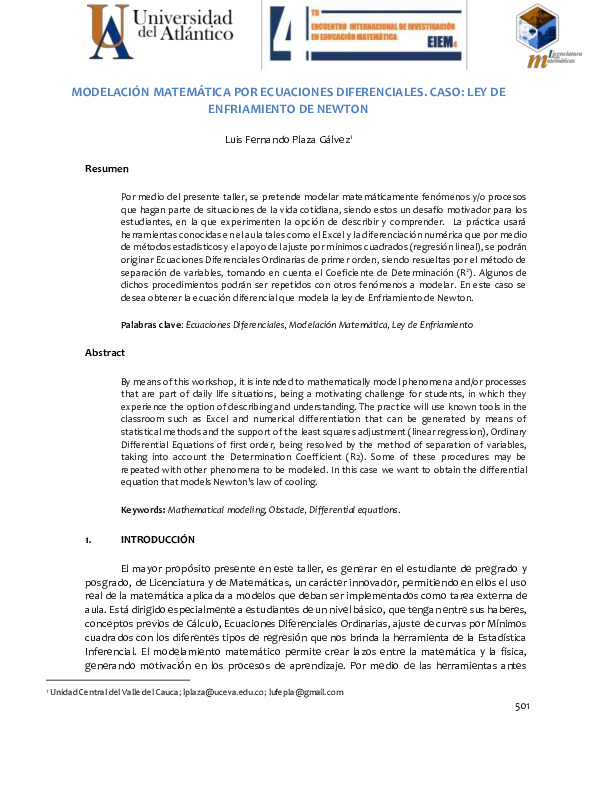 Modelación matemática por ecuaciones diferenciales. Caso: ley de ...
