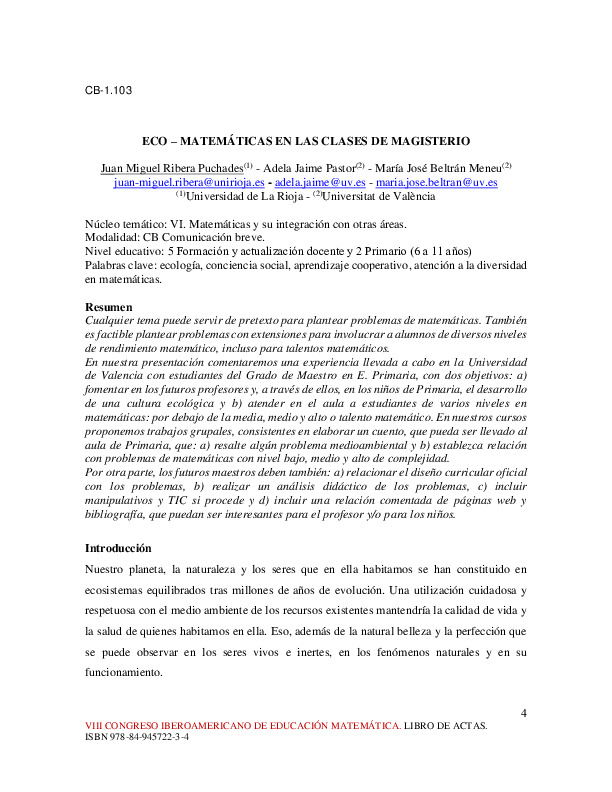 Eco – matemáticas en las clases de magisterio - Funes