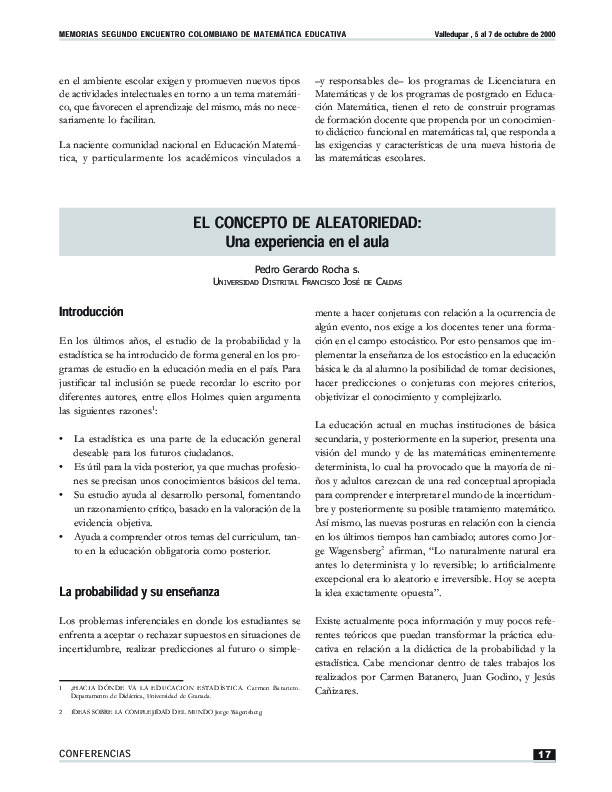 El concepto de aleatoriedad: una experiencia en el aula - Funes